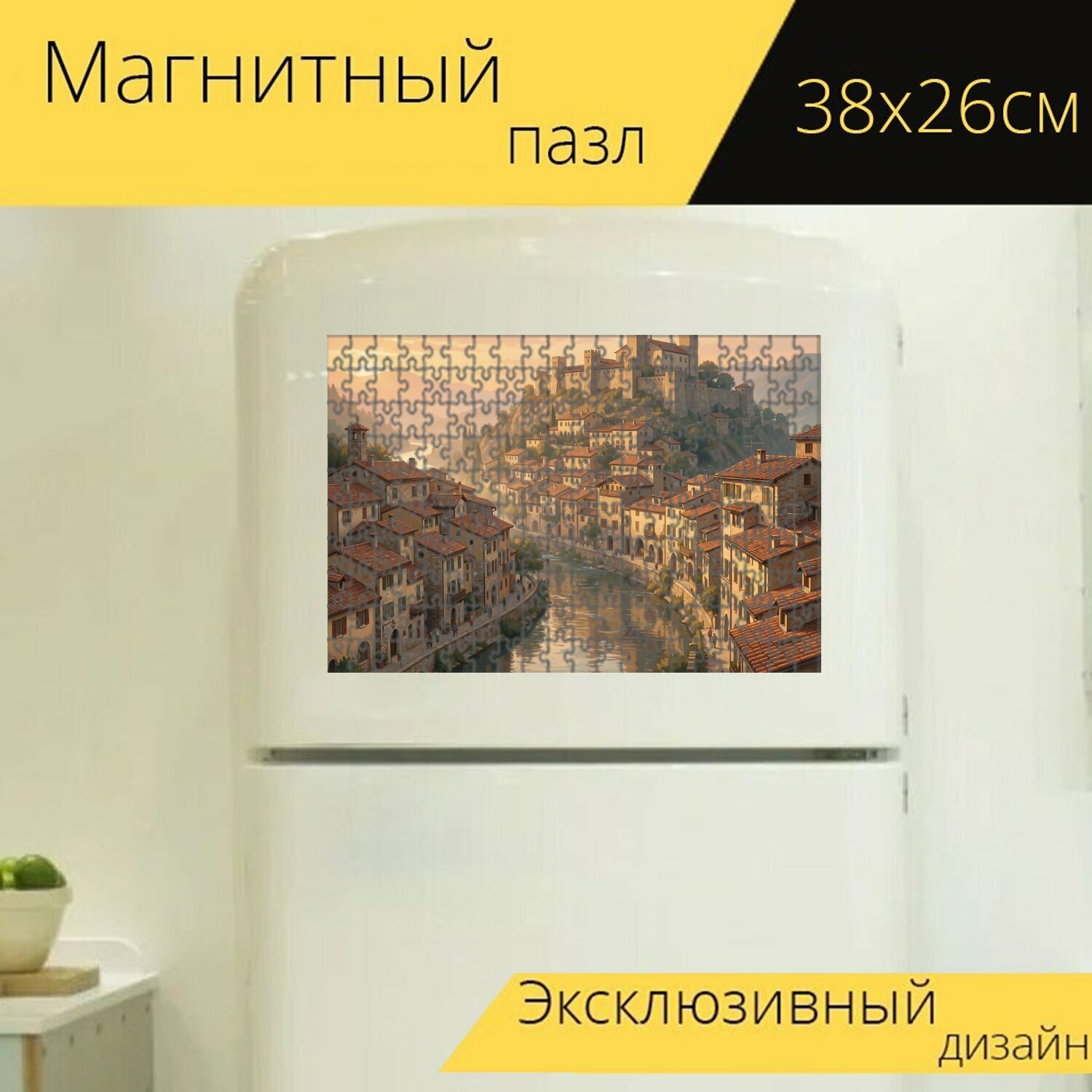 Магнитный пазл "Старинный городок с замком. Европейский каменный поселок на берегу реки, окружённый холмами и башнями. Тёплый закат, мягкие пастельные." для интерьера, 38х26 см.