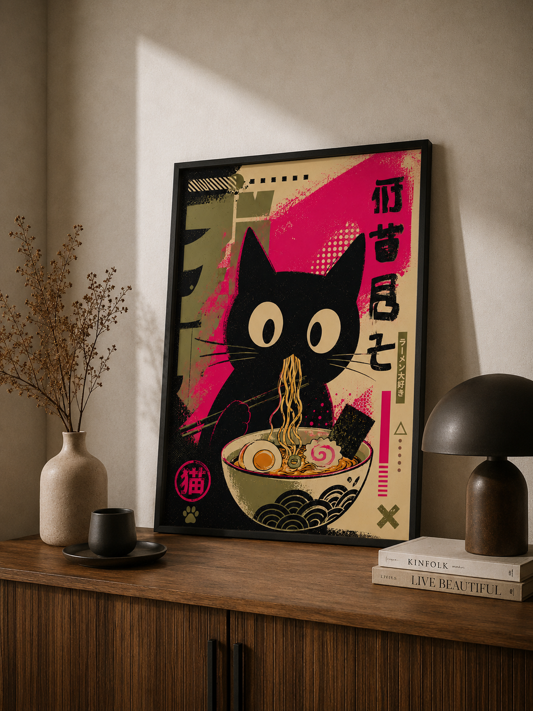 Постер А4 «Кот и рамен» японский стиль, чёрный кот с лапшой, аниме декор для интерьера