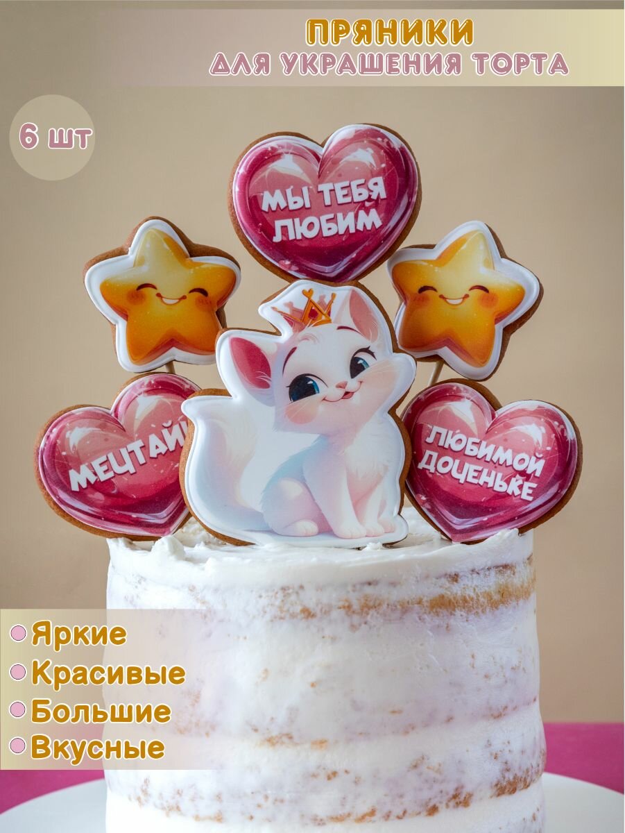 Имбирные пряники набор на торт кошка для девочки 6шт