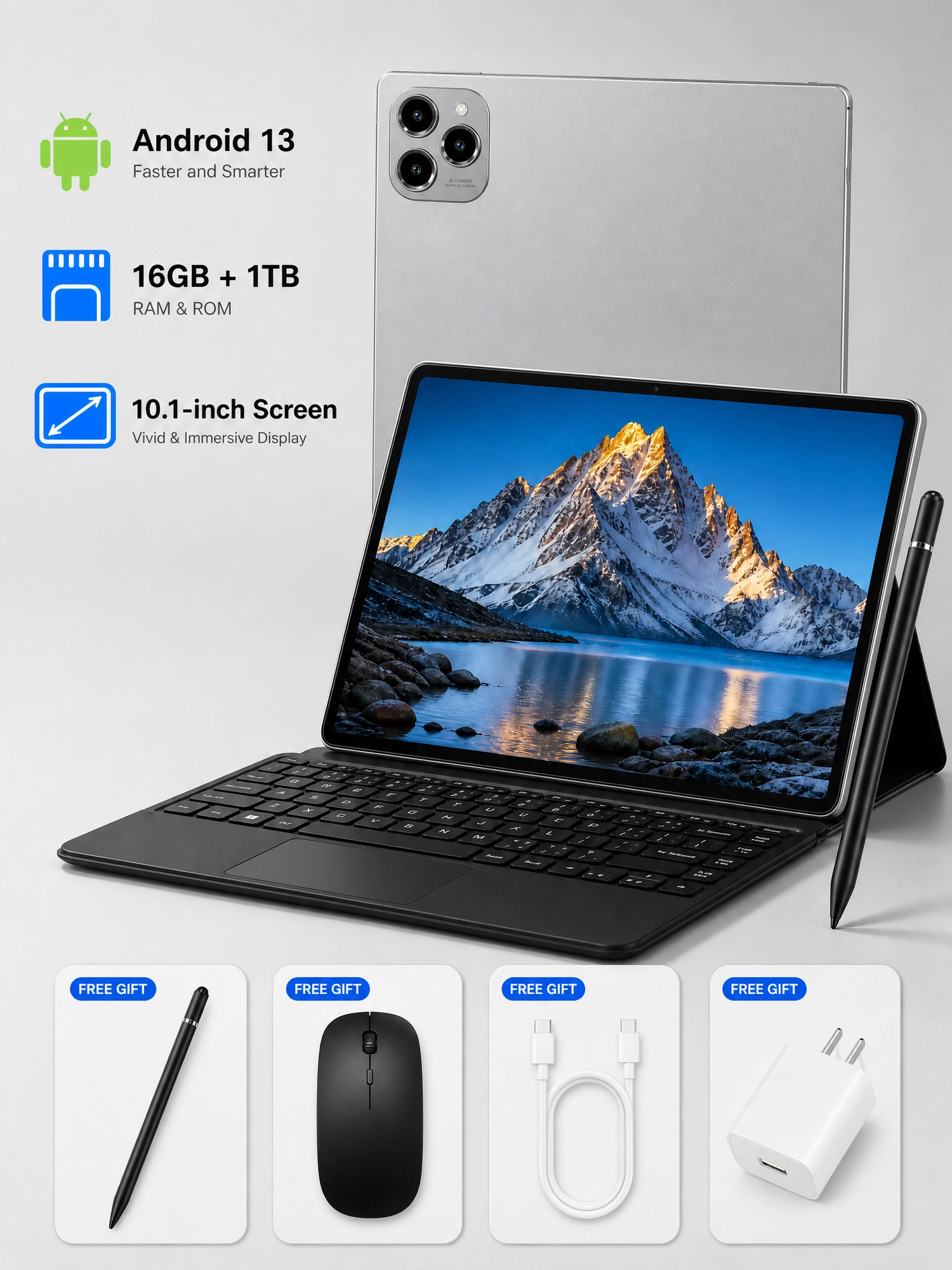 Планшет с клавиатурой 10.1" 4G LTE два SIM слота, GPS, камера 30+13 МП, аккумулятор 10000 мАч, 16 ГБ/1024 ГБ, серый