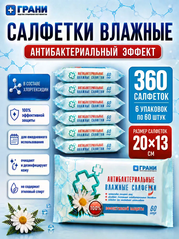 Влажные салфетки, антибактериальные, с хлоргексидином, 360 штук