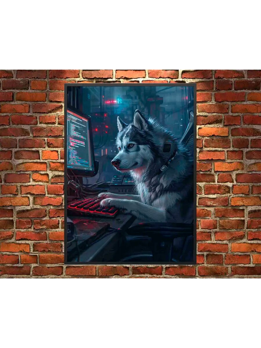 Сибирский хаски-собака-программист 2, Плакат 30x42см