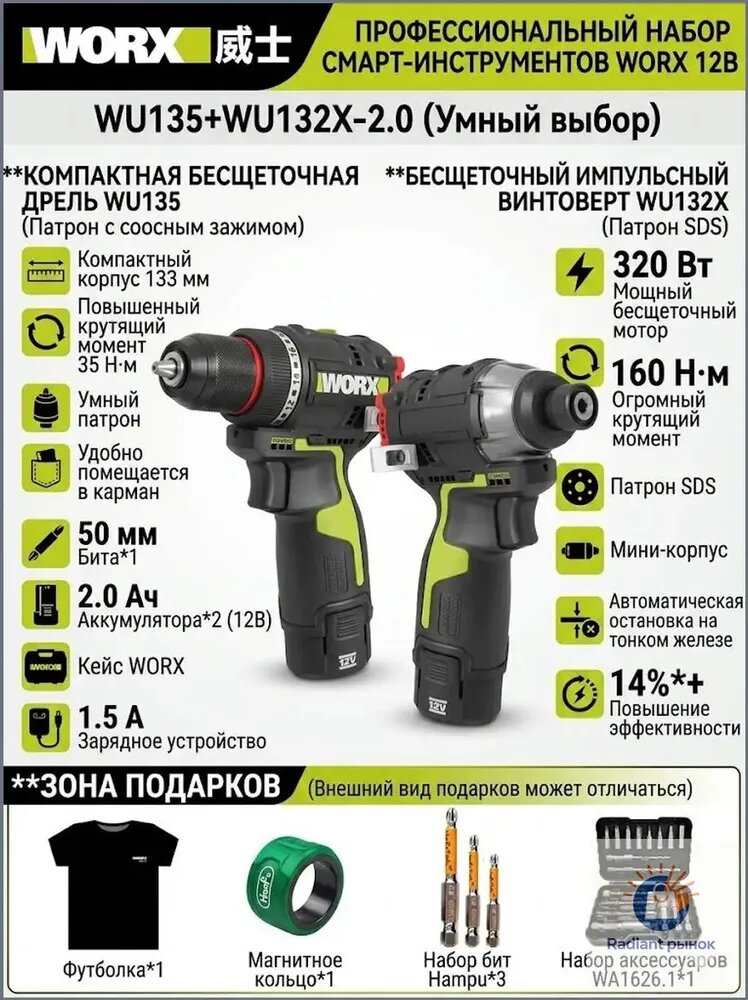 Ударный шуруповерт на литийионном аккумуляторе 12V, бесщеточный, в наборе из двух батарей и зарядного устройства, модели WU135 и WU132X, является популярным инструментом