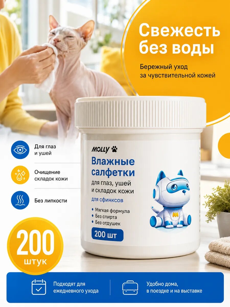 Салфетки для очищения кожи бесшёрстных кошек