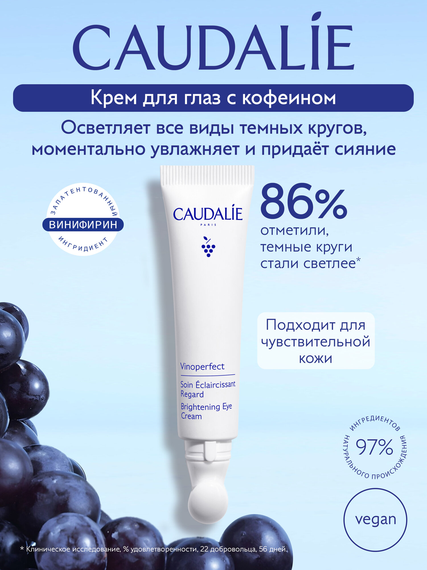 Осветляющий крем Caudalie "Vinoperfect", для глаз, дневной и ночной уход, 15мл