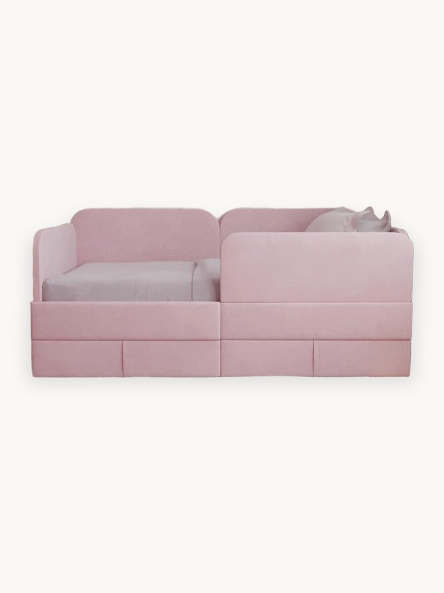 Детский диван-кровать 160х80 Баги, с бортиком безопасности, выкатными ящиками и матрасом, розовый цвет, кровать детская от 3 лет, ткань велюр