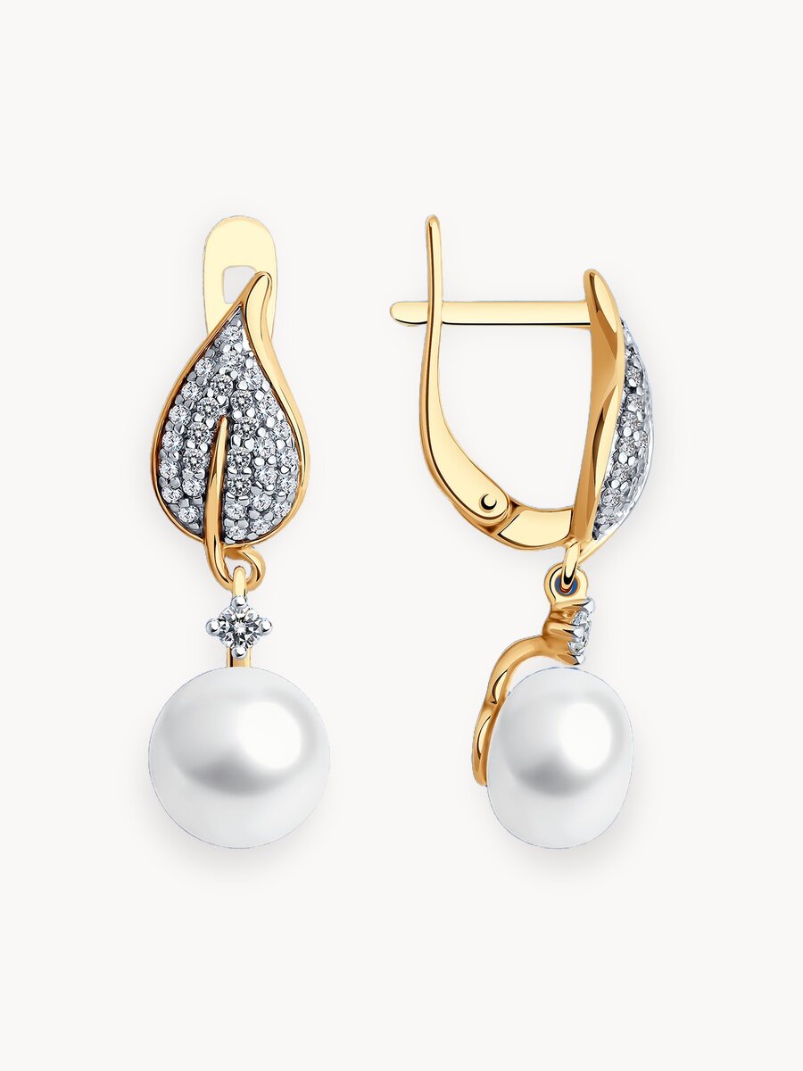 Серьги с подвесками, серебро, 925 проба, золочение, жемчуг пресноводный культивированный, фианит