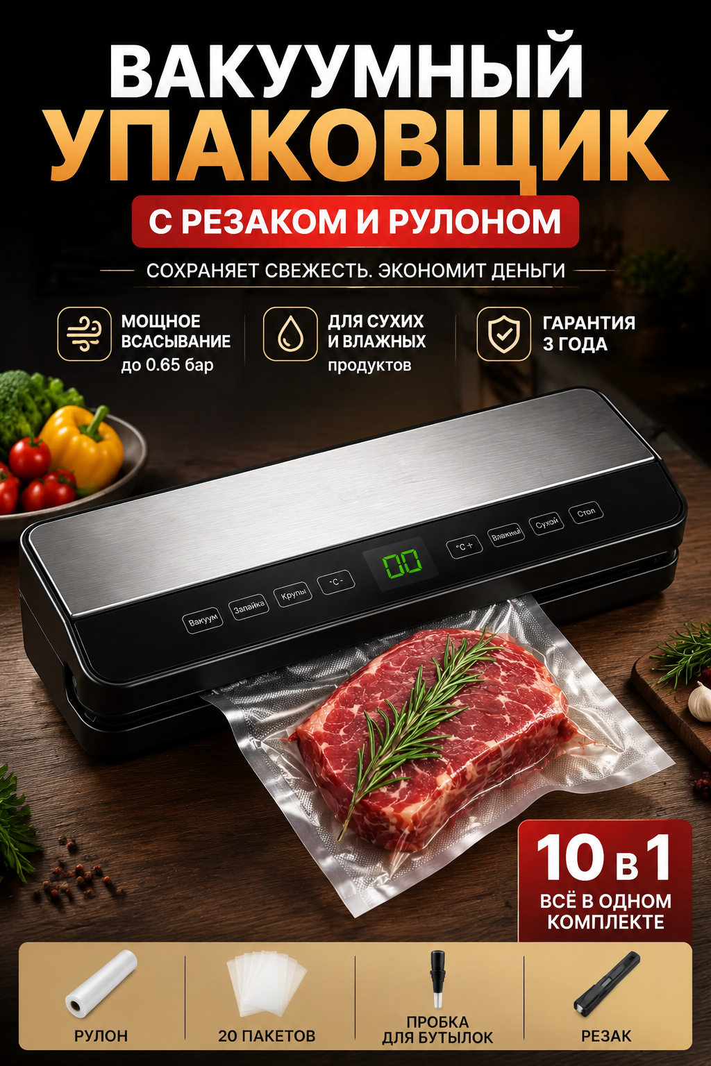 Вакуумный упаковщик с резаком и рулоном, 120 Вт, для сухих и влажных продуктов