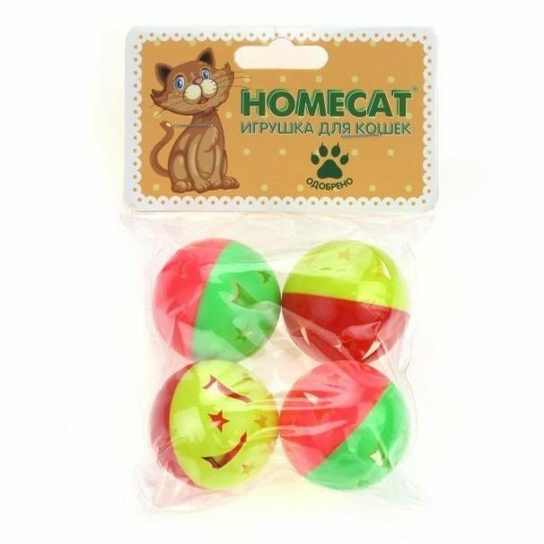 Homecat Игрушка для кошек, мячи пластиковые звездочки с колокольчиком, 4 шт, 4 см