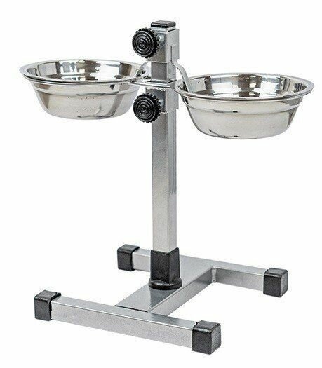 HOMEPET Подставка с мисками для домашних животных, металлическая, регулируемая, хром, до 30 см, диаметр 14 см, 2 х 0,35 л