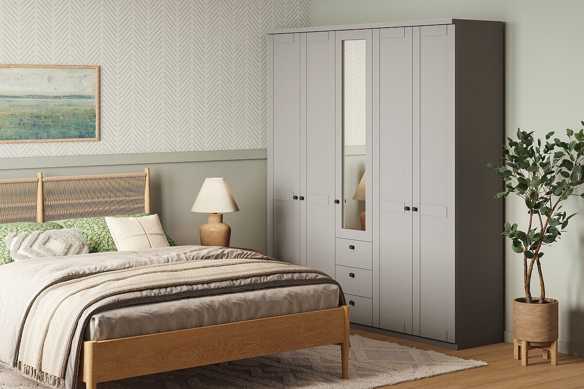 Шкаф распашной МебельЛэнд24 София РАХ - 17 МДФ Кашемир 200x60x240 бежевый для одежды пятидверный с 3 ящиками с зеркалом