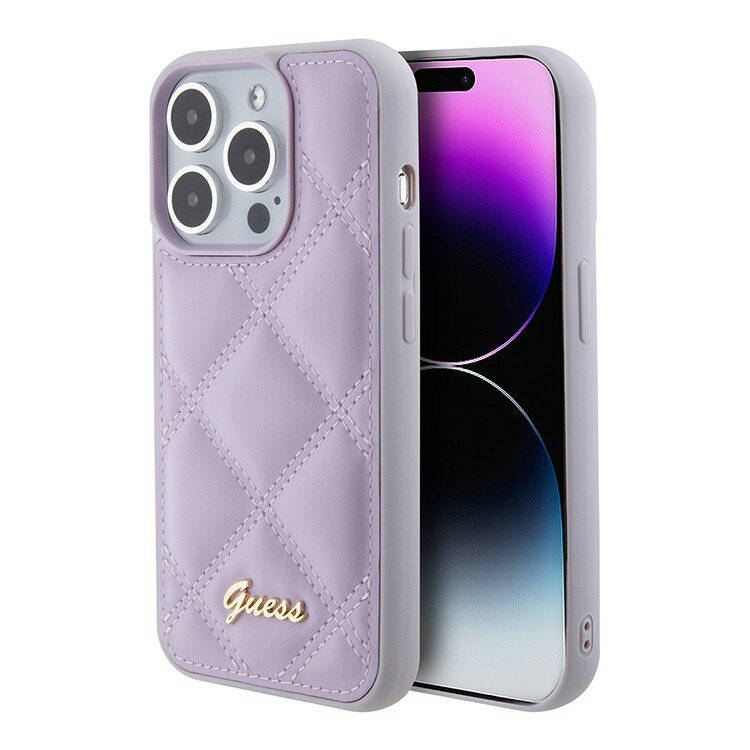 Guess чехол для iPhone 15 Pro, PU кожа Quilted Script metal logo фиолетовый