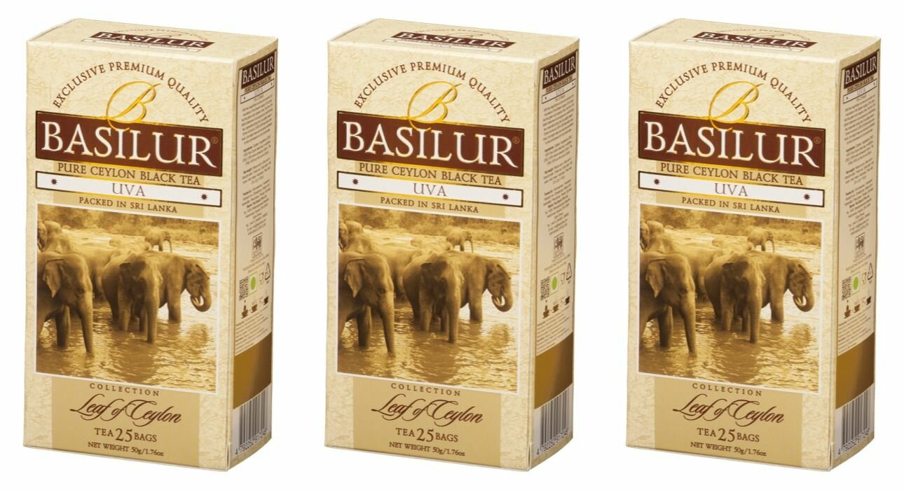 Basilur Чай черный в пакетиках , лист цейлона ува,25 пак, 3 уп