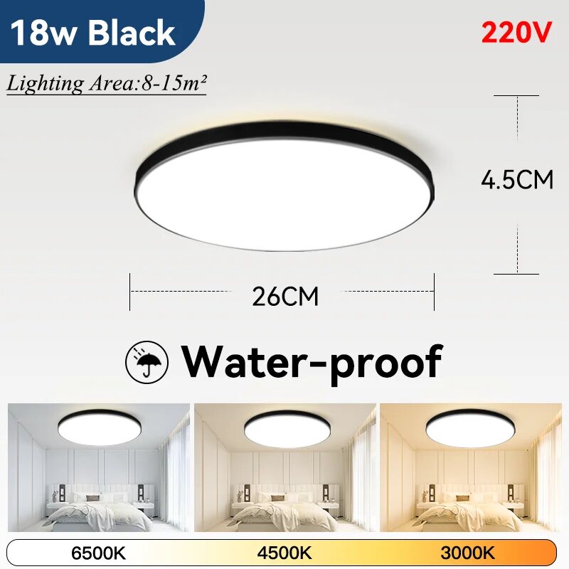 Водонепроницаемый потолочный светильник LED для ванной комнаты A-18W Black 220V, Черный, Cold White