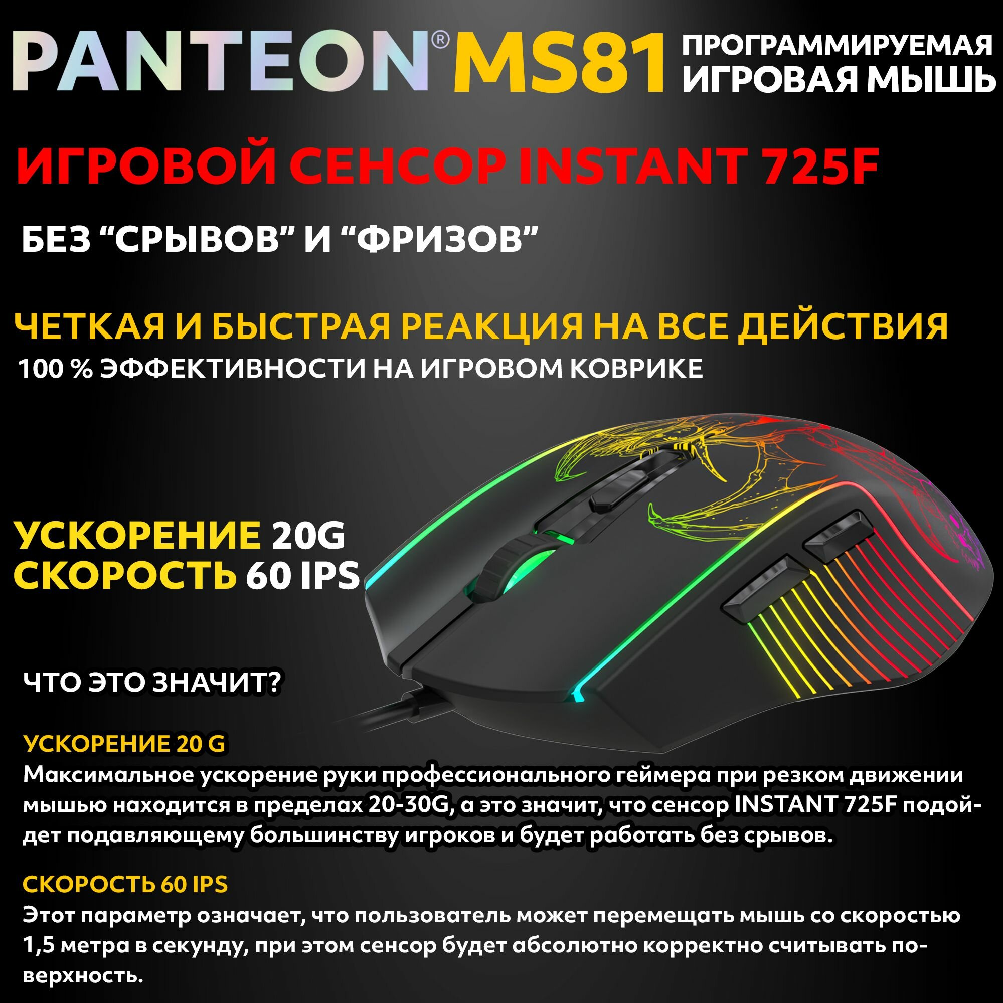 Игровая мышь PANTEON MS81 Black (110) , с RGB-подсветкой, 400–7200dpi, 6 программируемых кнопок