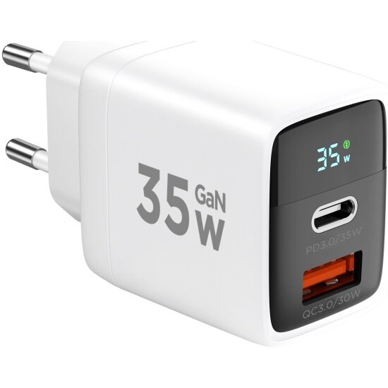 Зарядное устройство с дисплеем Cablexpert GaN 35W QC3.0/PD3.0, 1хUSB, 1хType-C Белый