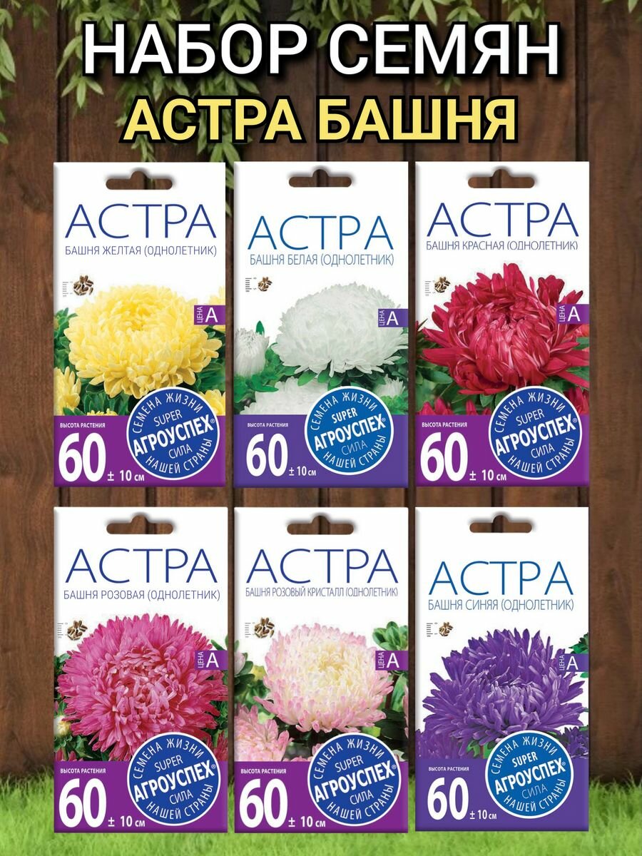 Семена для сада Агроуспех Астра Башня пионовидная: желтая, красная, синяя, белая, розовая и розовый кристалл