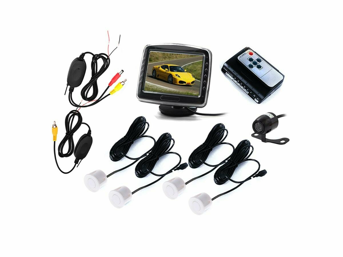 Master Park (WHITE) 602-4(W) (S16076ATS) (с белыми датчиками) беспроводной парктроник с камерой заднего хода для автомобиля, четырьмя датчиками и мо