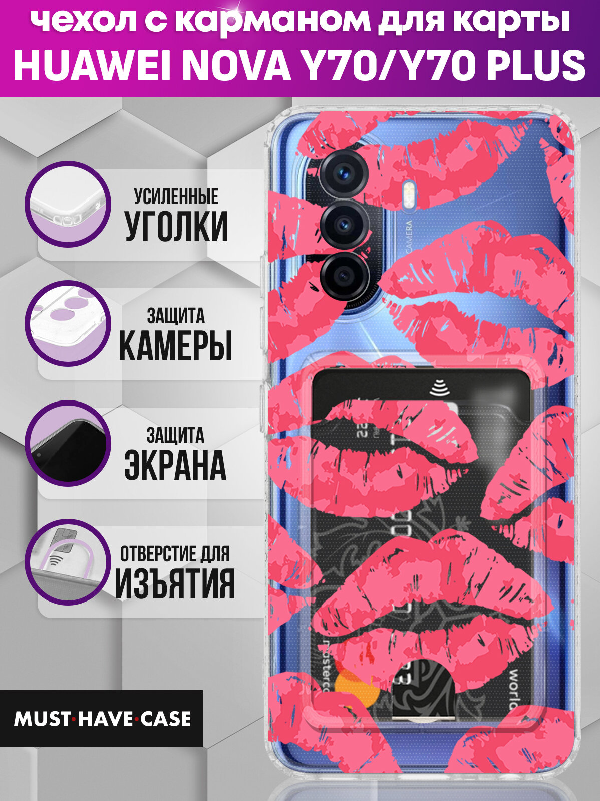 Чехол на Huawei Nova Y70 Y70 Plus с картой с принтом Губная помада