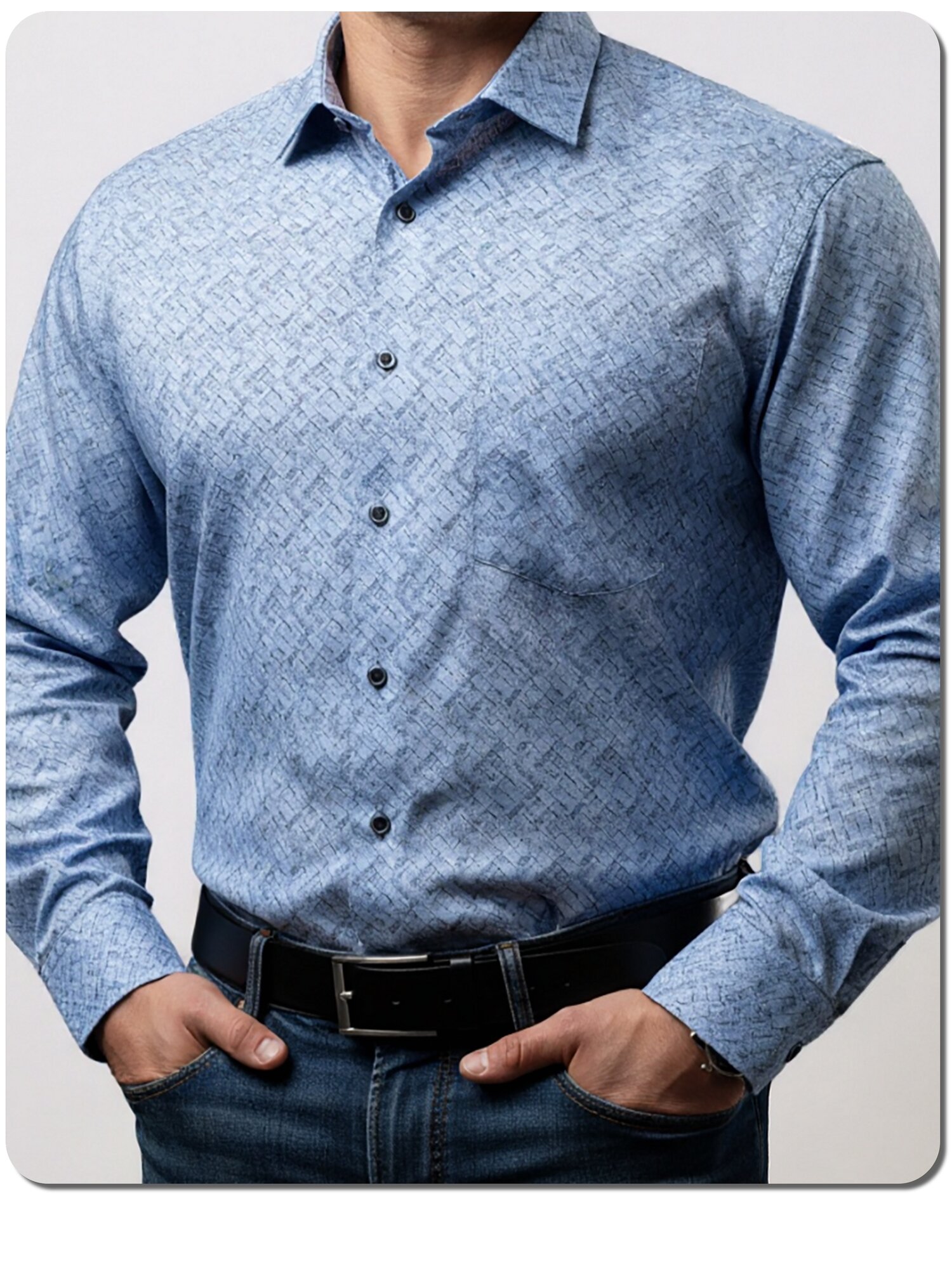 Рубашка Мужская рубашка с длинным рукавом прямая классическая, светлая сорочка на пуговицах, рубаха на любой сезон, голубая в мелкий рисунок, с карманом, с отделкой рубашка
