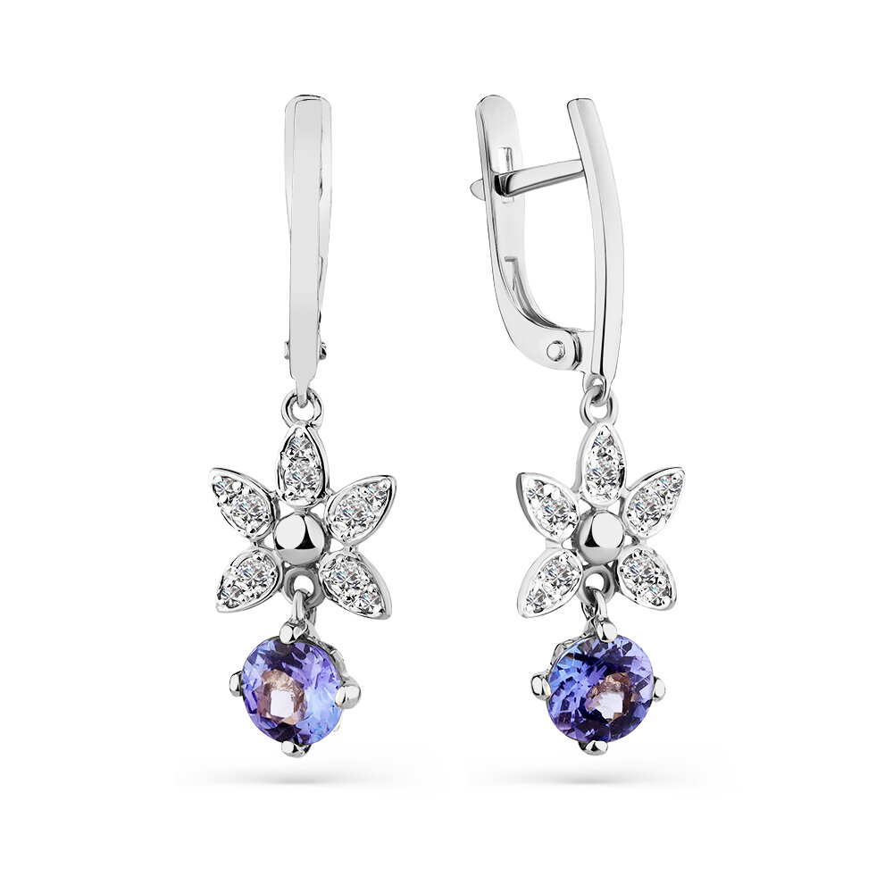 Серьги, белое золото, 585 проба, бриллиант, танзанит