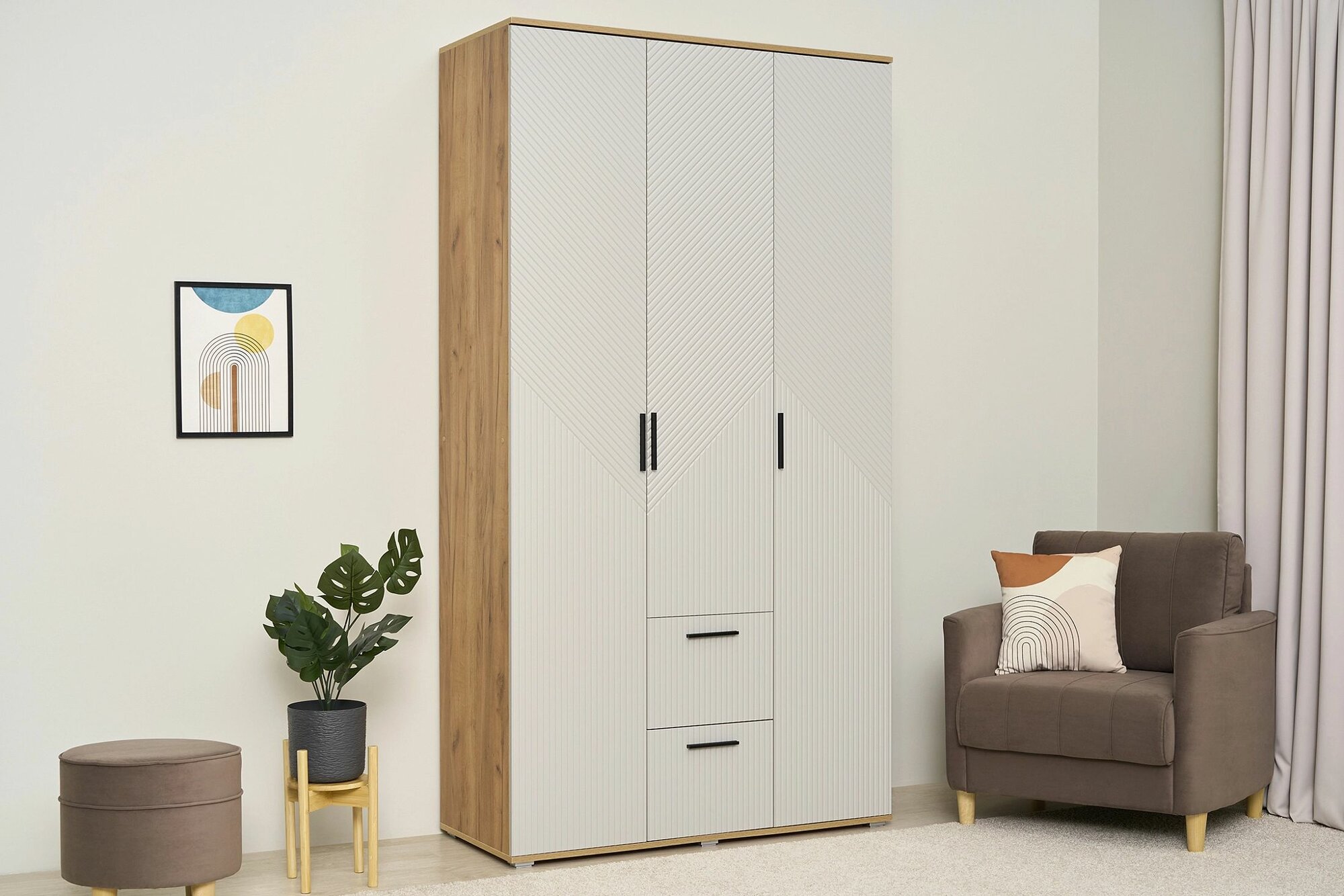 Шкаф Сильвия 3-х створчатый 1200 (Браш Лайт Грей/Дуб Крафт)