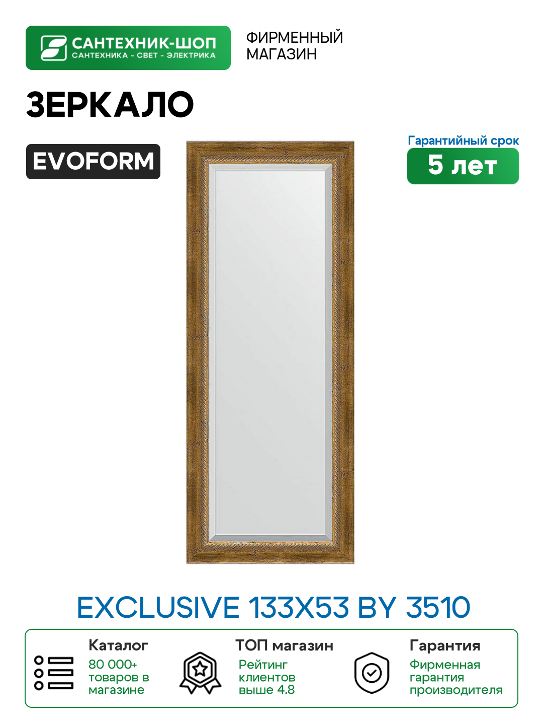 Зеркало Evoform Exclusive 133х53 BY 3510 с фацетом в багетной раме - Состаренная бронза с плетением 70 мм стекло