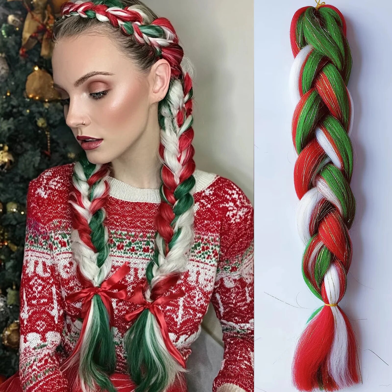 Красные, желтые рождественские гигантские косы, синтетическая красочная коса, смешанные банки, фестивальные косы Rave для девочек, детей, Рождество, Хэллоуин
