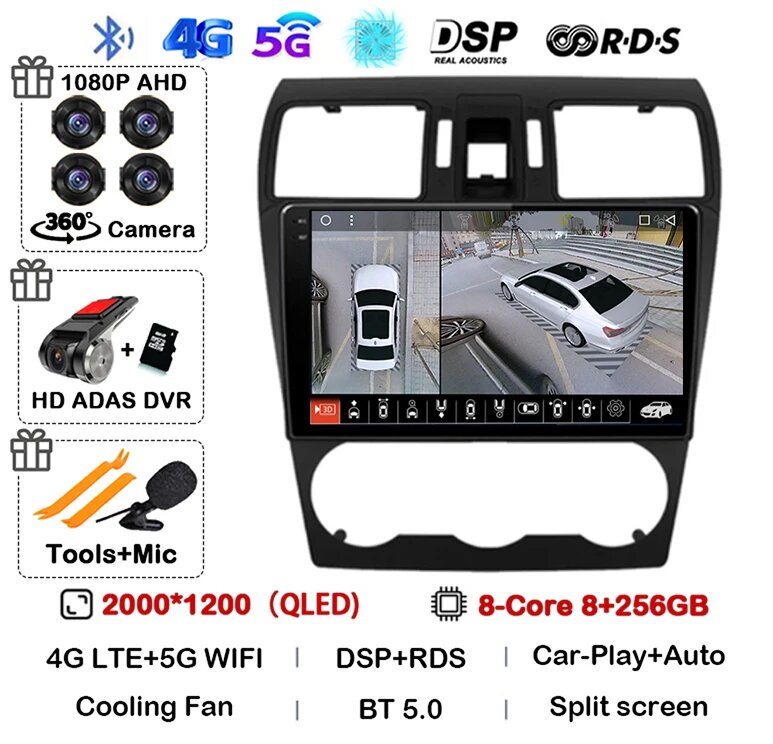 Автомагнитола Carplay для Subaru Forester 4 SJ XV WRX 2012 2013 2014 2015 2016-2018, мультимедийный автомобильный радиоплеер с Wi-Fi и стереозвуком 4G, Android 14 2K 8G-256G 360 DVR