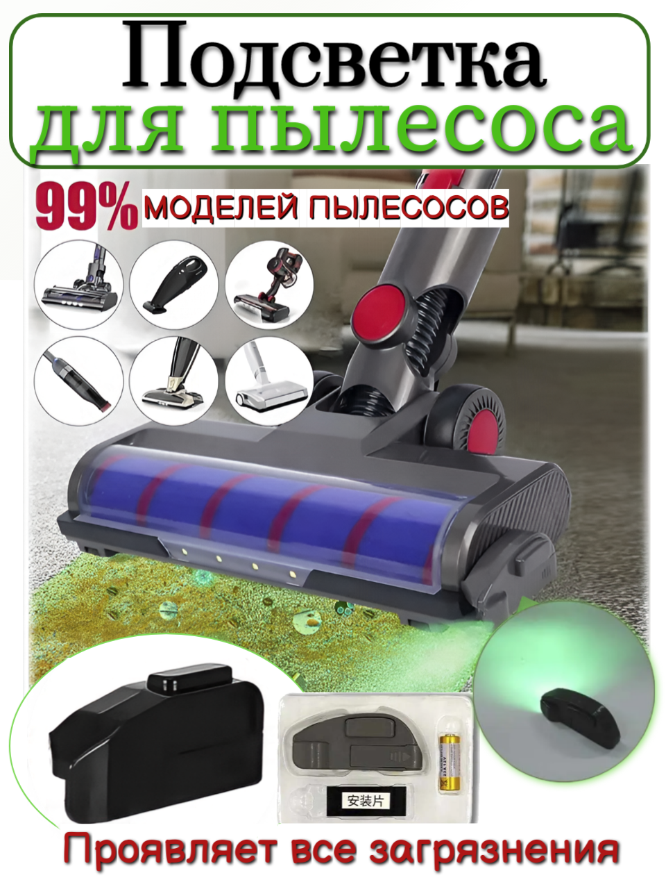 Насадка для пылесоса, с лазерной подсветкой, пластик, для разных моделей