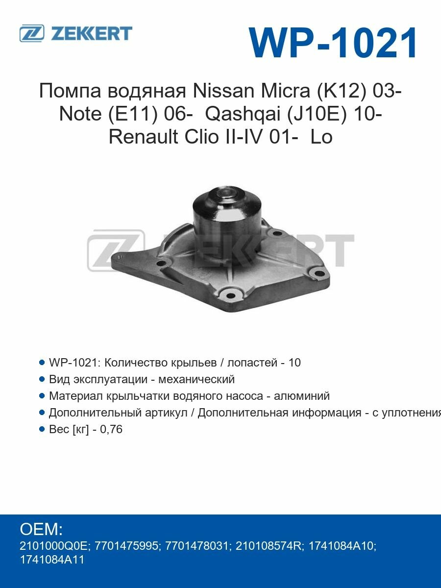 Zekkert Помпа водяная Nissan Micra (K12) с 2003 г. Note (E11) с 2006 г. Qashqai (J10E) с 2010 г. Renault Clio II-IV с 2001 г. Lo