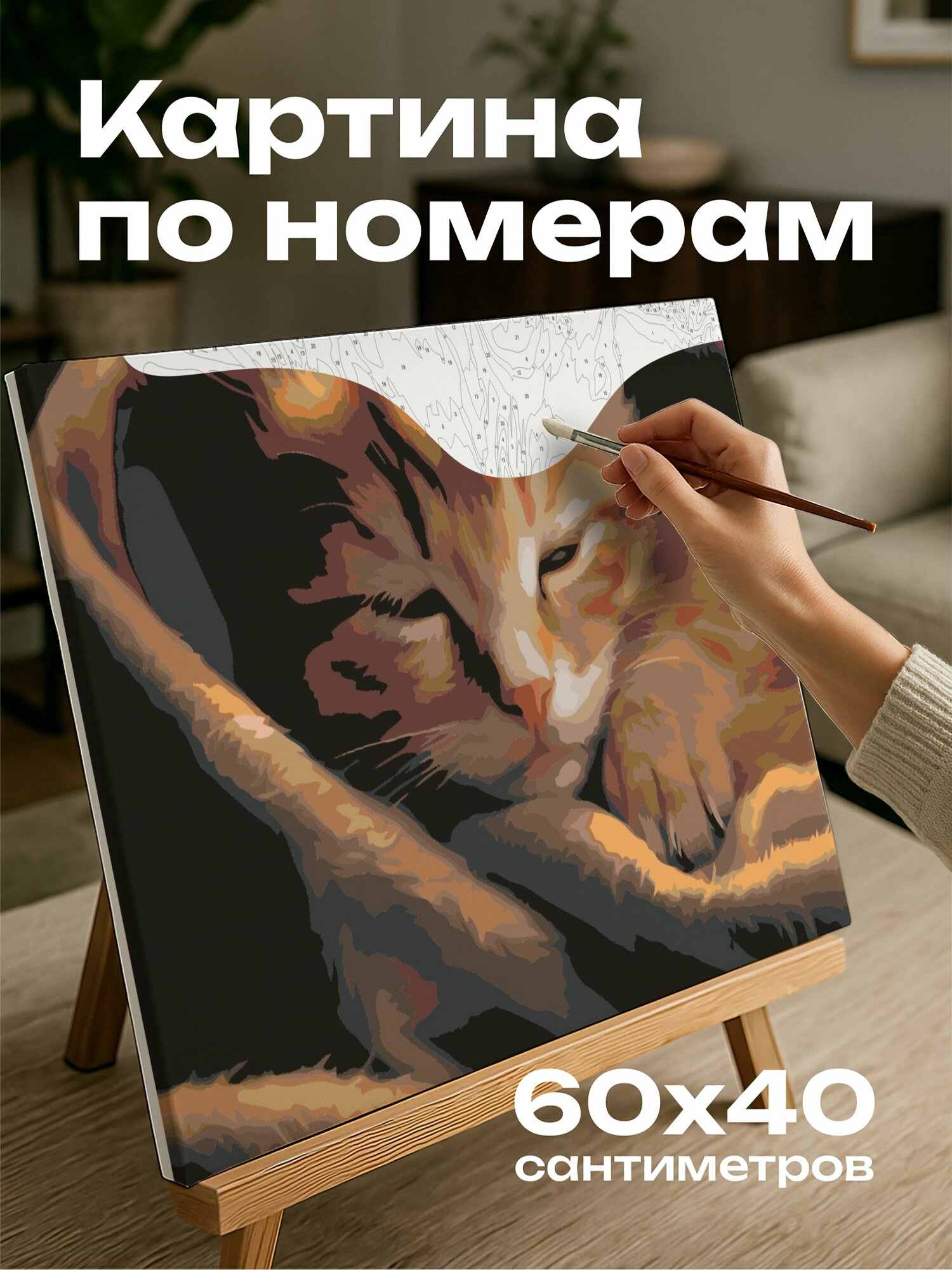 Картина по номерам 60x40 см, котенок, фотография, одеяло, лапки, ткань, спит, тепло, уют