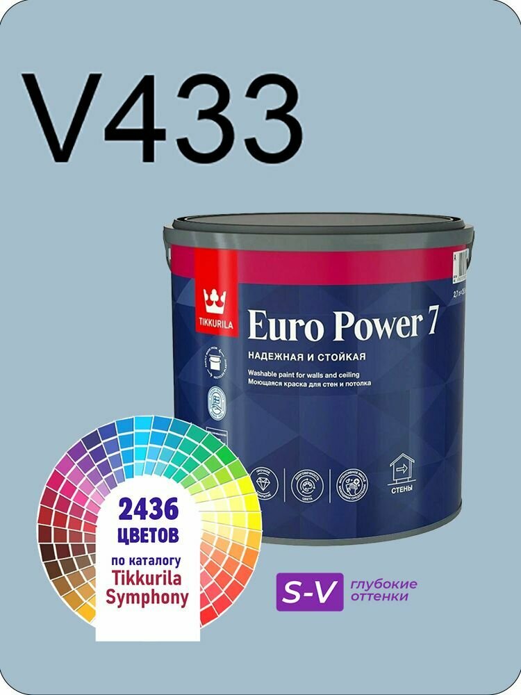 Краска для стен и потолков Tikkurila Euro Power 7 2,7л. глубокие оттенки V433