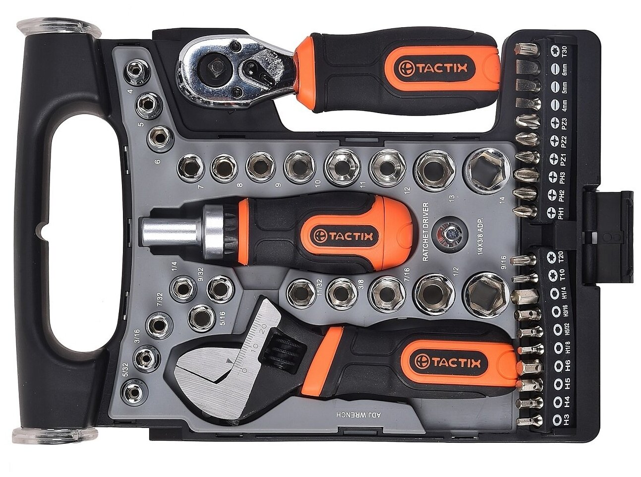 Набор торцевых головок 1/4" 3/8", вставок и ключа 46 предметов TACTIX