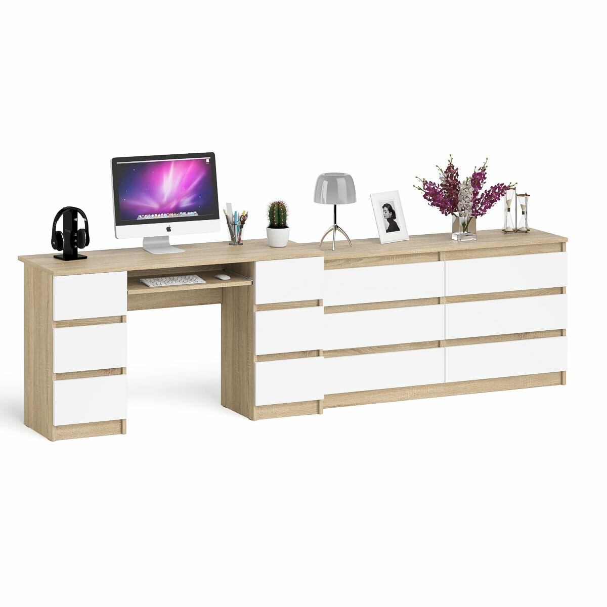 Стол компьютерный СВК Мори МС-2 на шесть выдвижных ящиков и комод цвет дуб сонома/белый, 273,4х50х76,6 см.