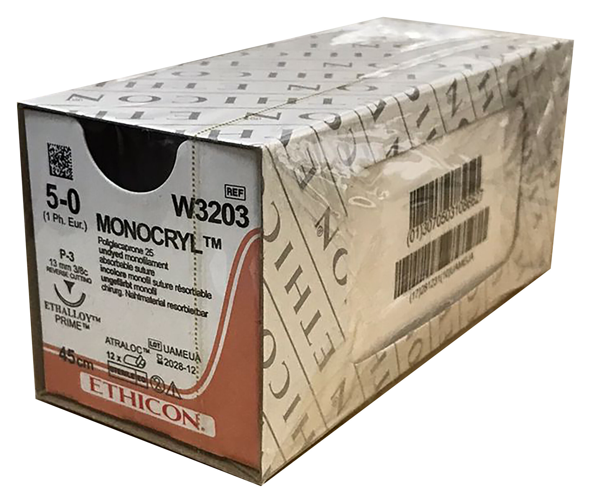 Шовный материал "Ethicon Монокрил" 5/0, 13 см, толщина нити 5-0, упаковка 12 штук в упаковке