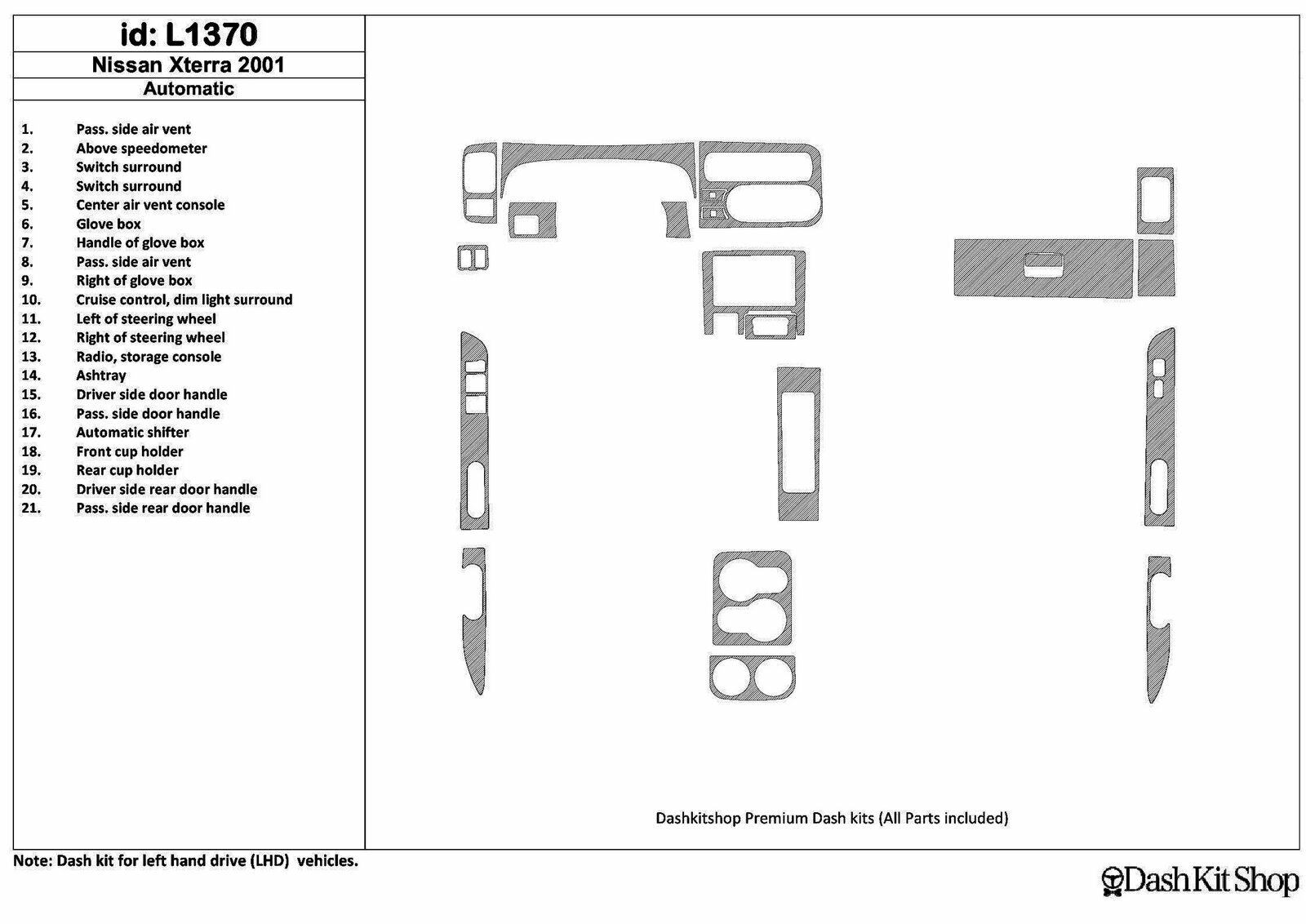 Накладки салона под дерево, карбон, алюминий для Nissan Xterra 2001-2001. Комплект L1370.