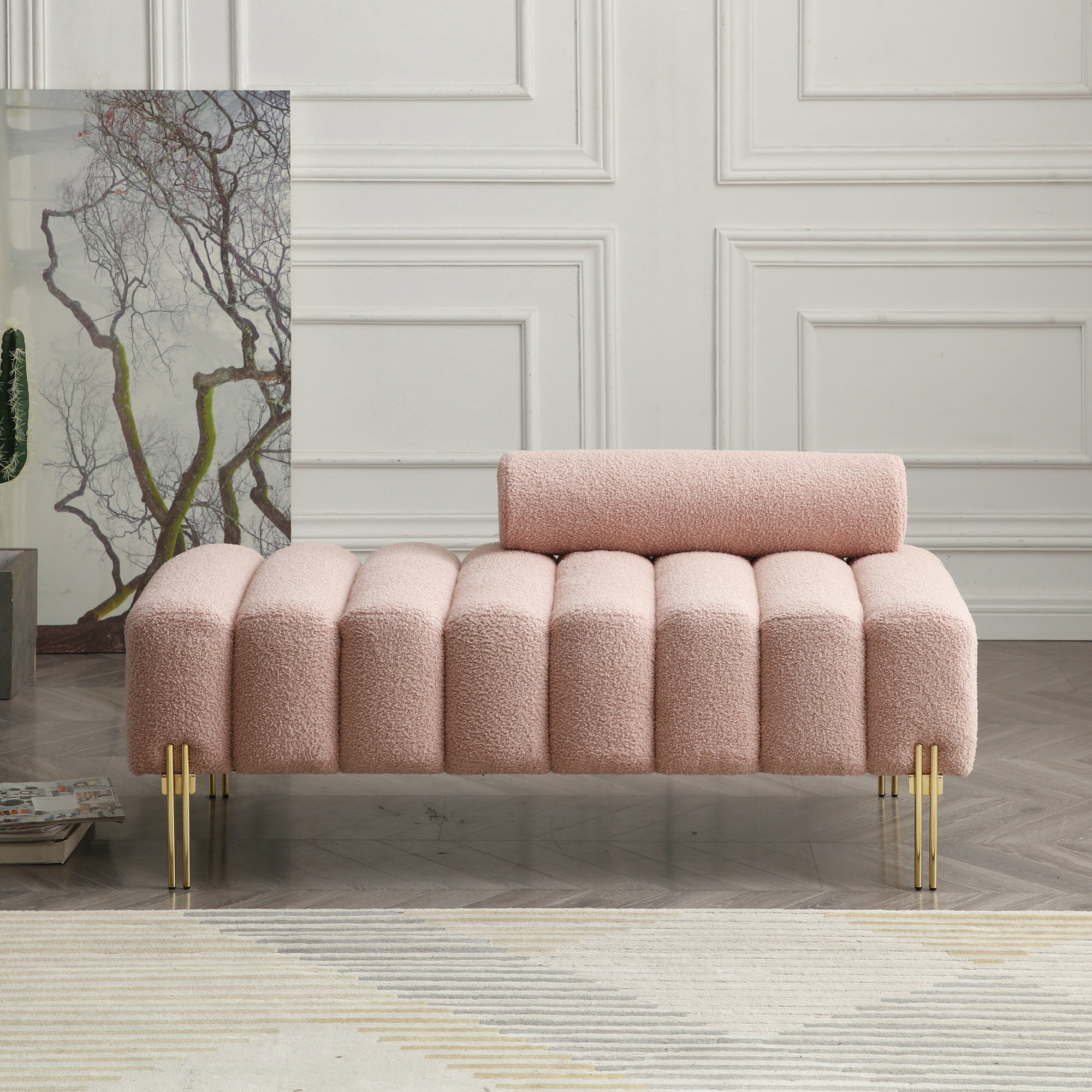 Диван "ACCORDION" 135 *60*47 см , розовый, букле, стальные ножки- золото, с выбором оттенка