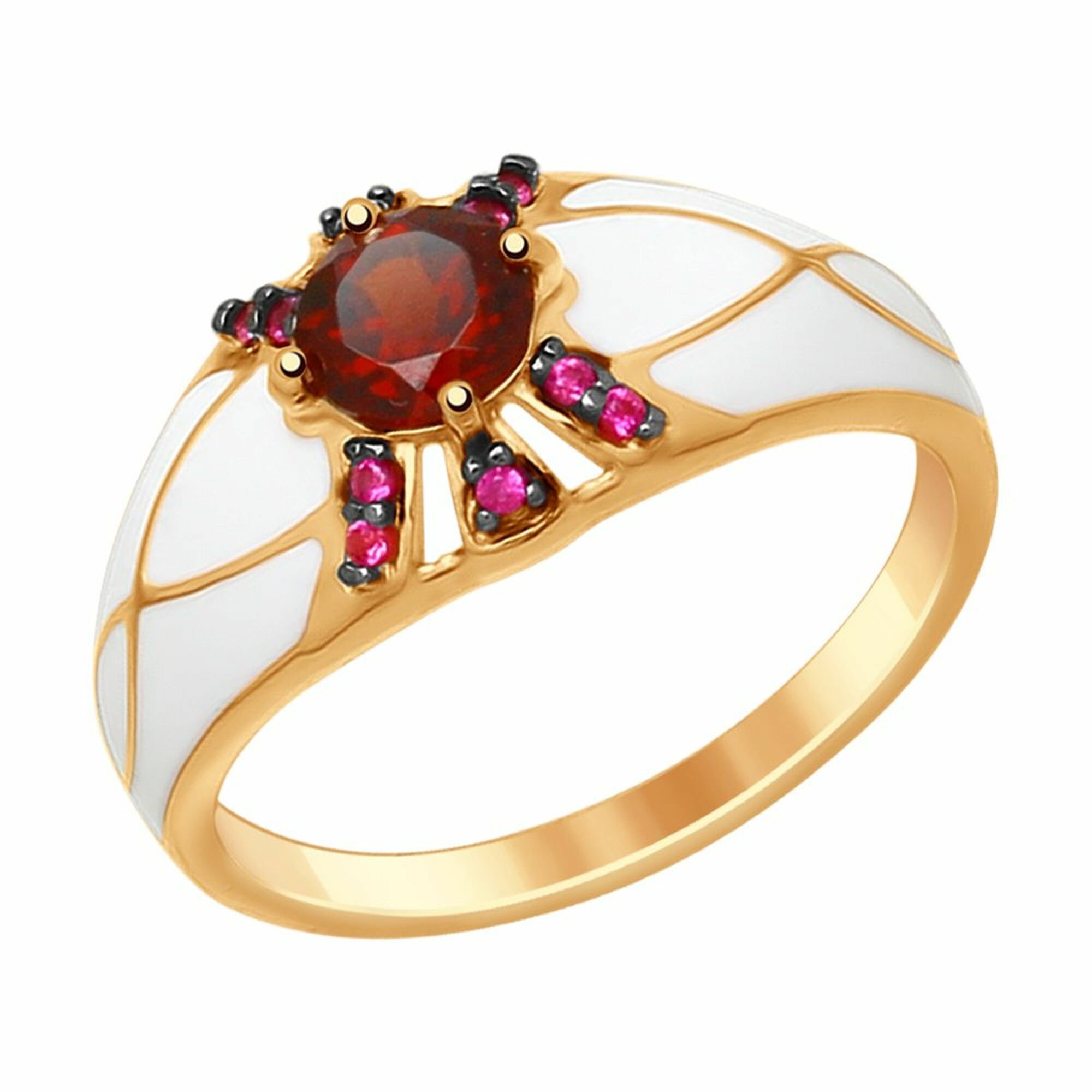 Кольцо, серебро, 925 проба, золочение, фианит, эмаль, гранат
