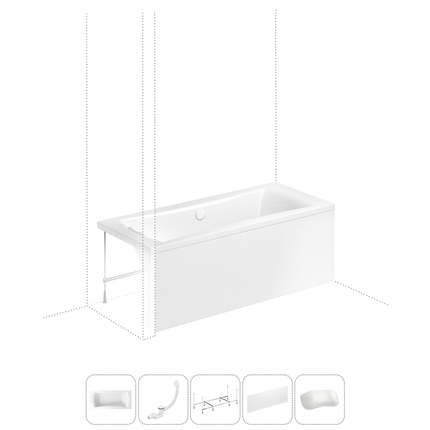 Акриловая ванна 170x75 с каркасом и экраном Lavinia Boho Evan 202011664 в наборе 5 в 1: прямоугольная ванна 170 x 75 см, слив-перелив, каркас, экран, подголовник