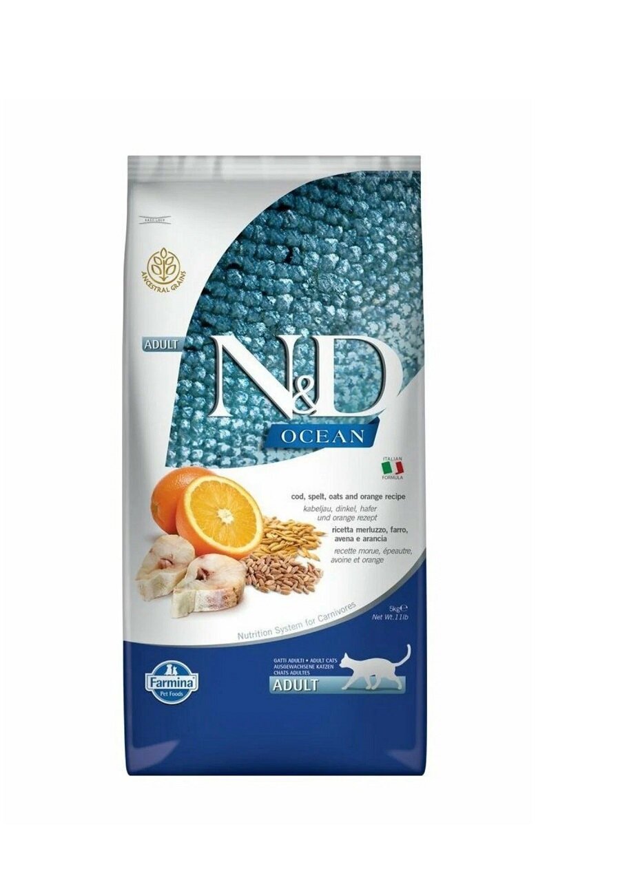 Корм сухой Farmina ND Ocean Cat Cod Spelt Oats Orange Adult для взрослых кошек треска спельта овес и апельсин 5кг