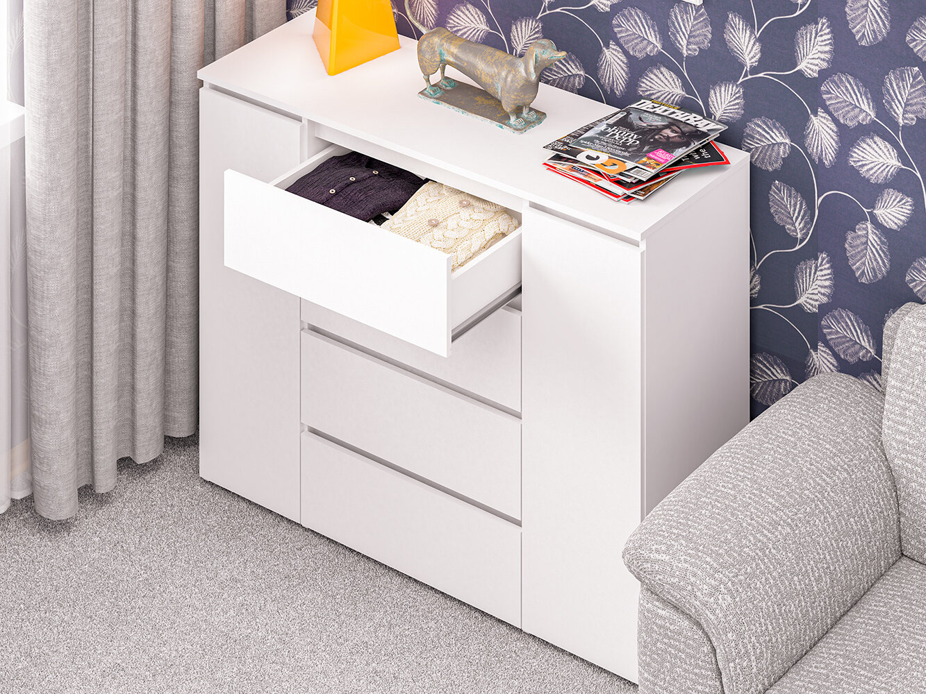 Комод МК "Пирамида" К-33, 4 ящика и 2 распашные дверцы, цвет белый, 93x120x42 см