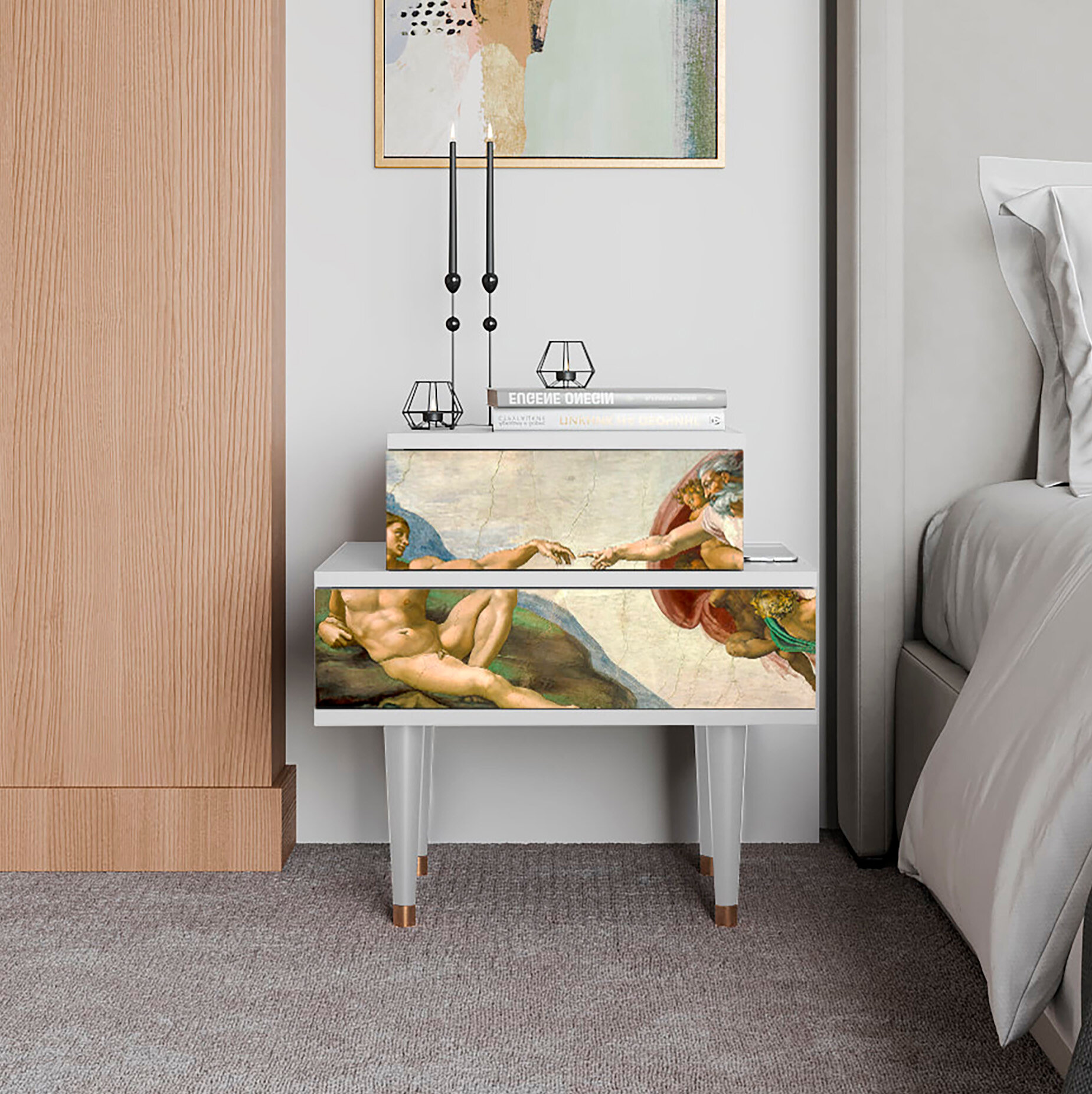 Прикроватная тумба - STORYZ - NS1 The Creation of Adam by Michelangelo, Размер - 58 x 58 x 41 см, Цвет корпуса - , Белый