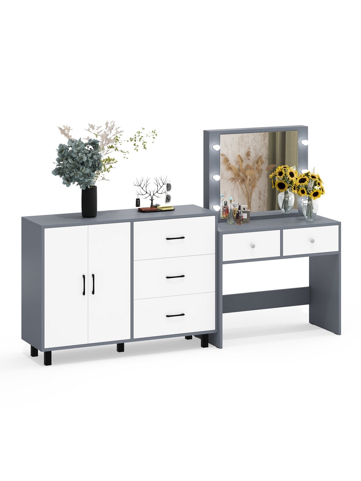 Косметический столик с подсветкой СТ-5 и комод 123-1204, графит/белый, 210,4х40х136 см.