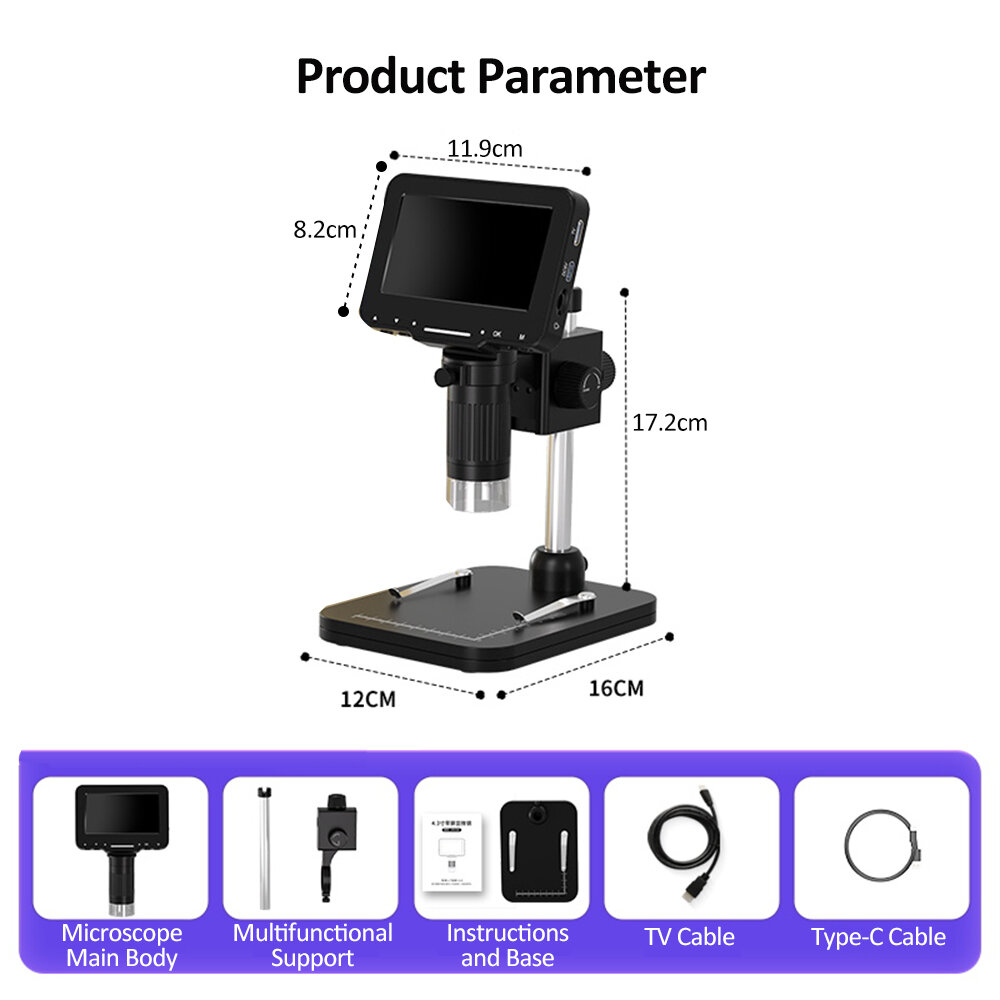 LP043H Цифровой микроскоп 4.3 дюйма, IPS HD, выход на ТВ, для пайки