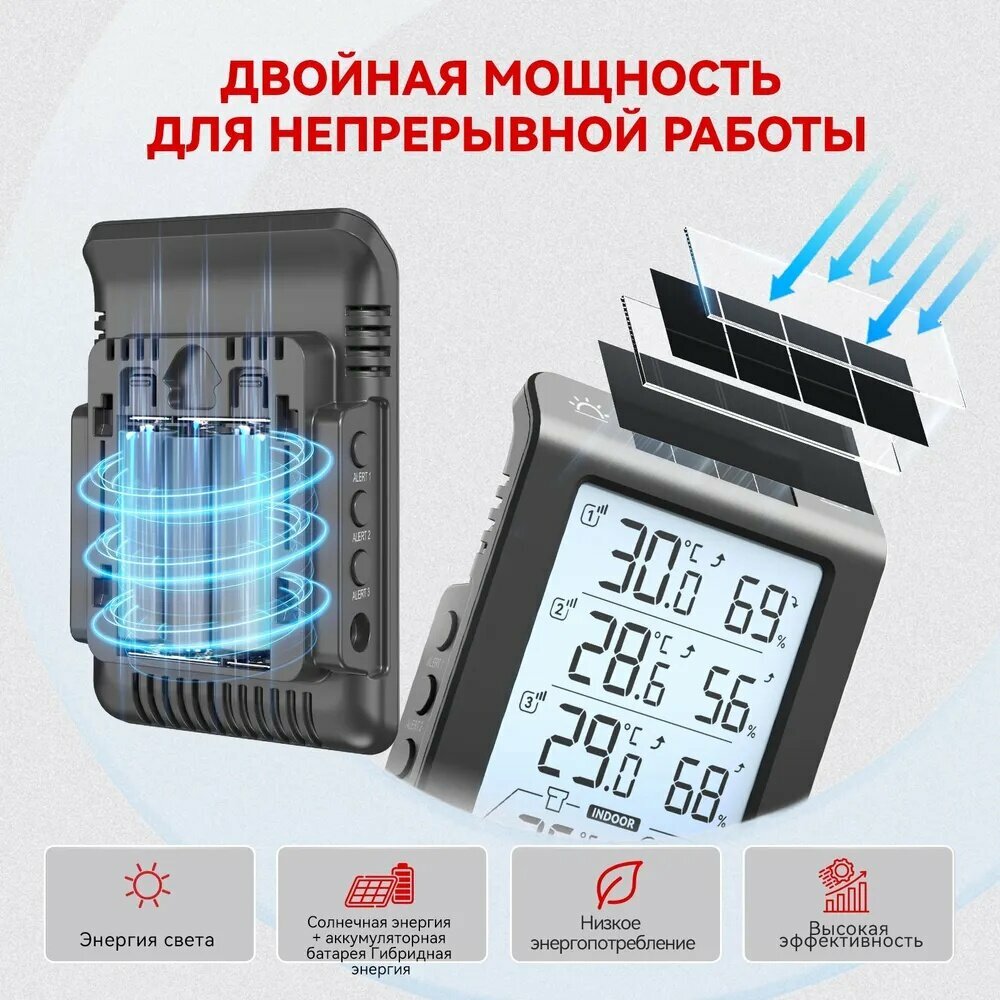 1 шт. черный солнечный уличный термометр, беспроводной монитор температуры и влажности с радиусом действия 50 м, 4,8-дюймовый цифровой дисплей