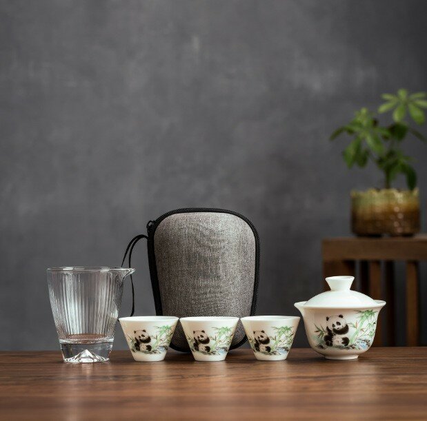 Портативный набор для чая Кунг-Фу для открытого воздуха и путешествий: 1 чайник, 3 чашки, комплект для автомобиля, подарок для бизнеса (Набор для путешествий с пандами)