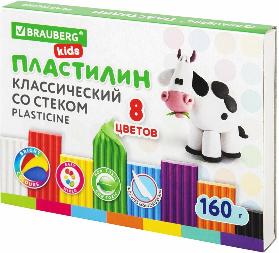 Пластилин классический BRAUBERG KIDS, 8 цветов, 160 г, со стеком, 106501, 106501