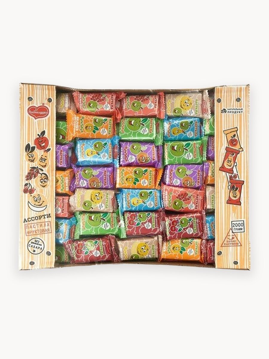 Пастила пастилушка ассорти, натуральная, фруктовая, без сахара, 2 кг, коробка с окном