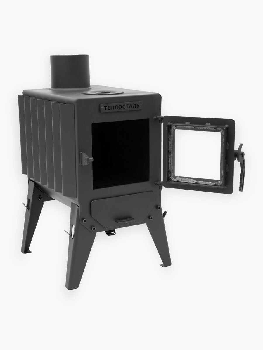 Печь буржуйка Helicon Теплосталь мини со стеклом, 50м2, сталь, для дачи, бани, гаража, палатки, дома